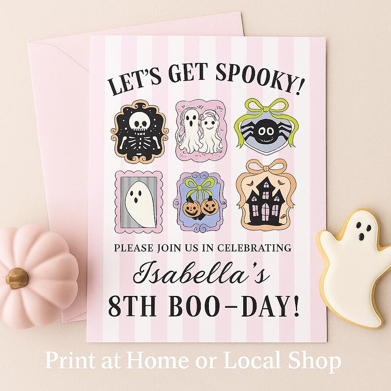 Pastel Halloween Birthday Invitation: Spooky Ghost Party, Pink Bow ...