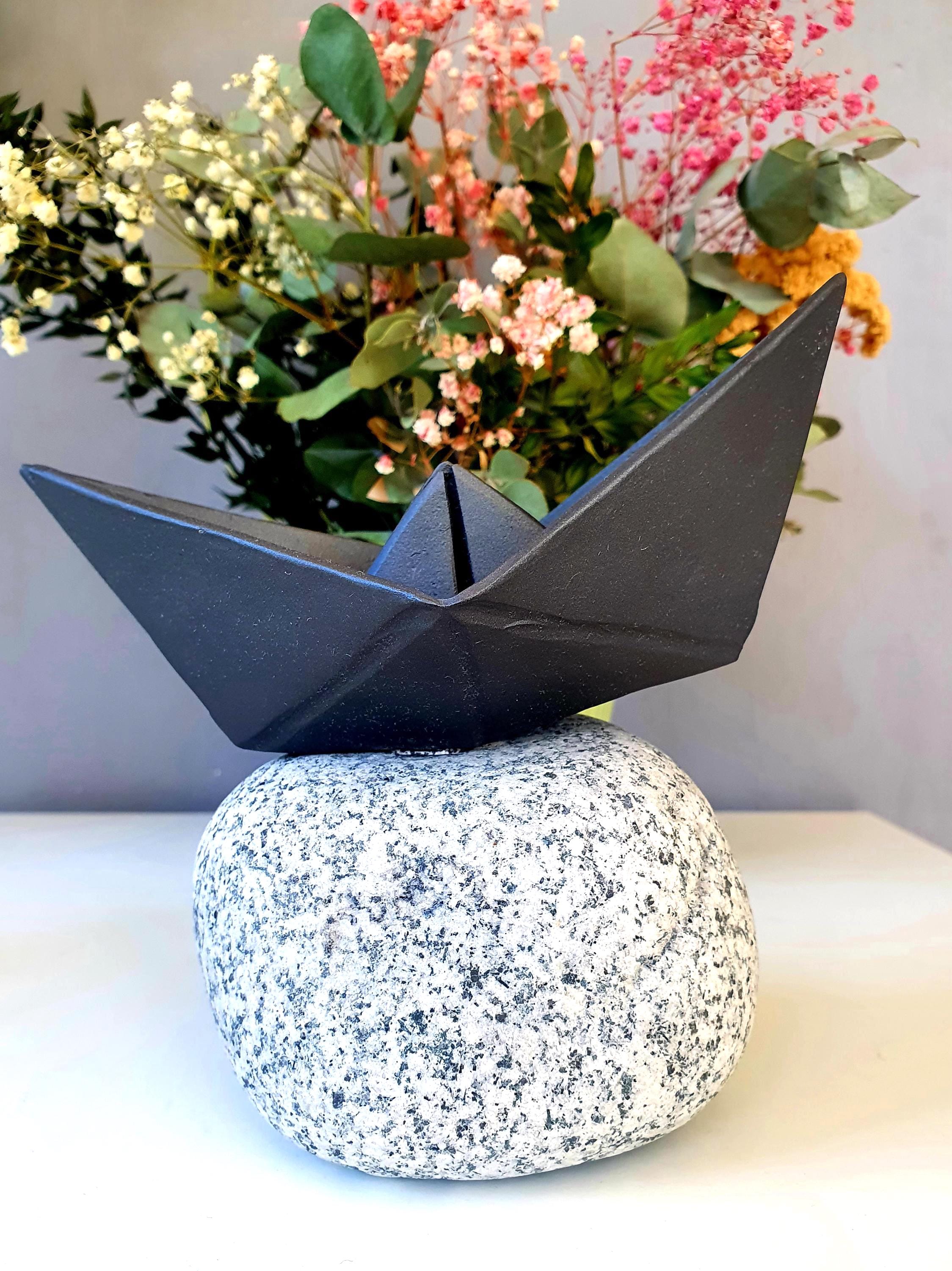 Iron Origami Boat Sculpture on Stone – Handmade Metal Art - Etsy