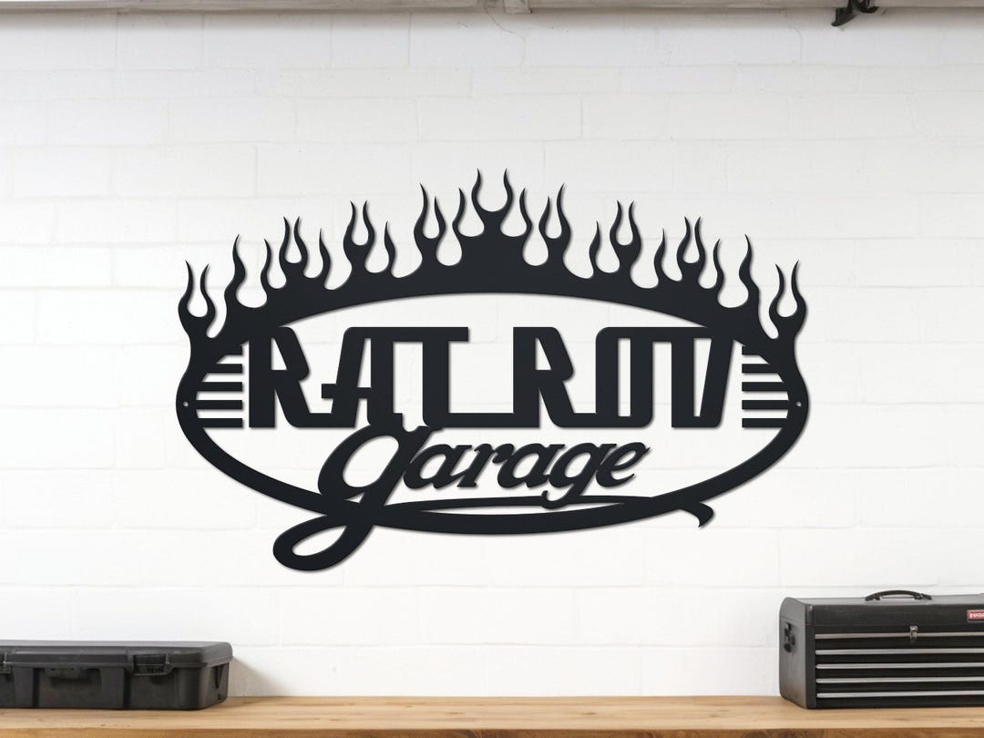 Rat Rod Garage Metal Wall Sign With Flames – Custom Hot Rod Shop Decor ...
