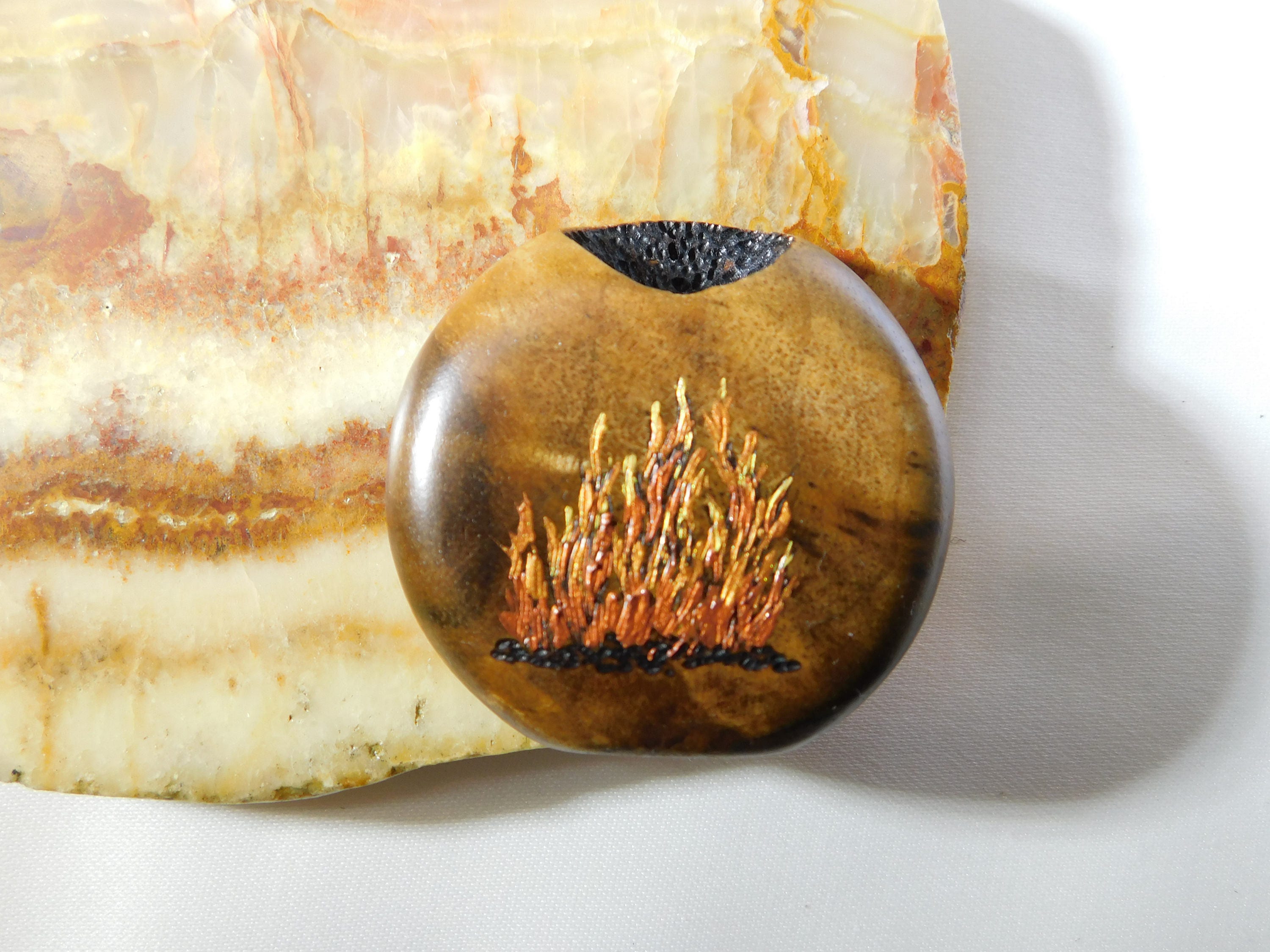 Handcarved Pottery With Flames on an Agate and Jasper Wall Hanging ...