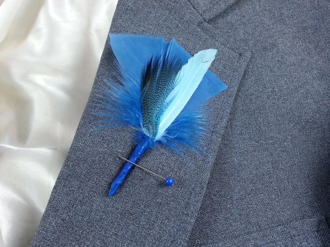 Blue Feather Boutonniere - Elegant Wedding Lapel Pin - Prom Boutonniere ...
