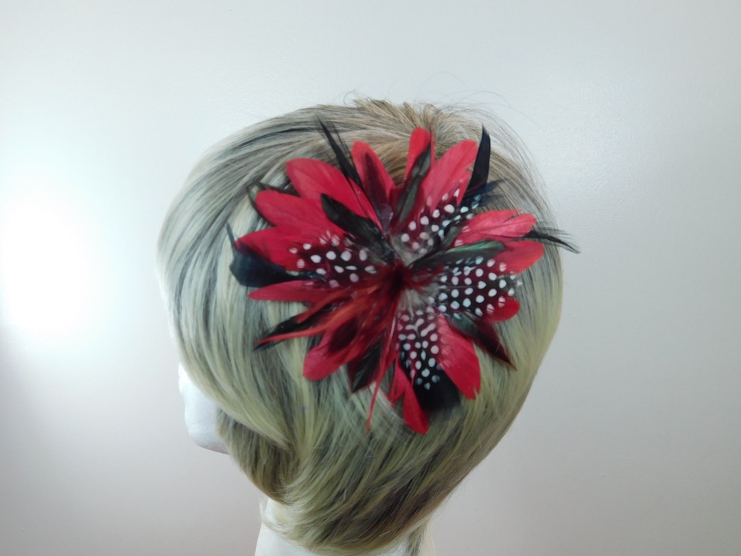 Spicy Feather Hair Fascinator - Red, and Black Hair Clip With ...
