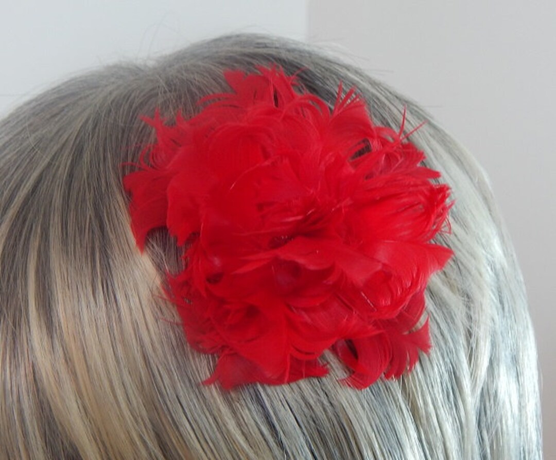 Red Rose Feather Hair Piece - Red Romantic Fascinator - Really Red Hair ...