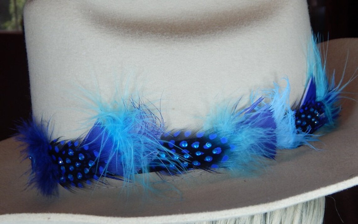 Blue Feather Hat Band - Rhinestone Hat Accessory - Festival Hat Band ...