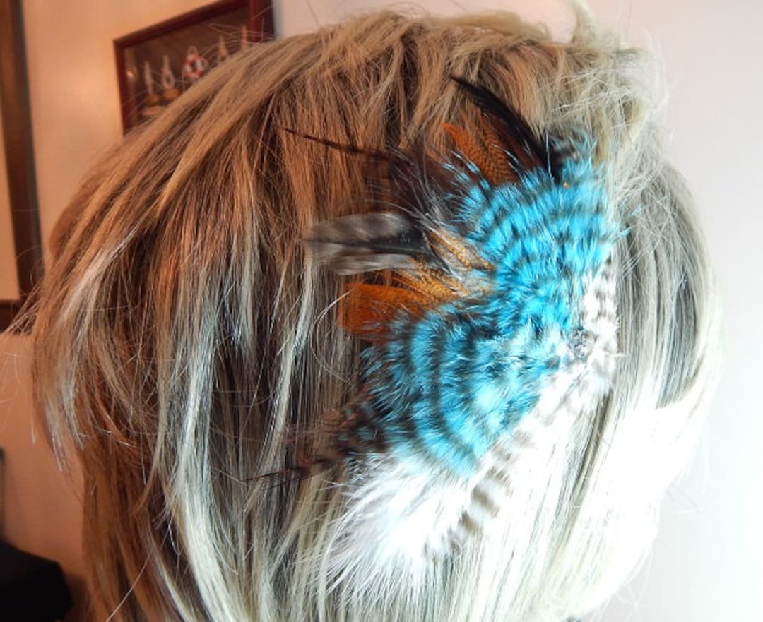 Blue Feather Hair Piece Barred Hair Pin Rich Feather Headdress Orange ...