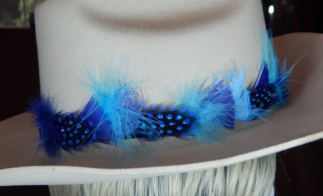 Blue Feather Hat Band - Rhinestone Hat Accessory - Festival Hat Band ...