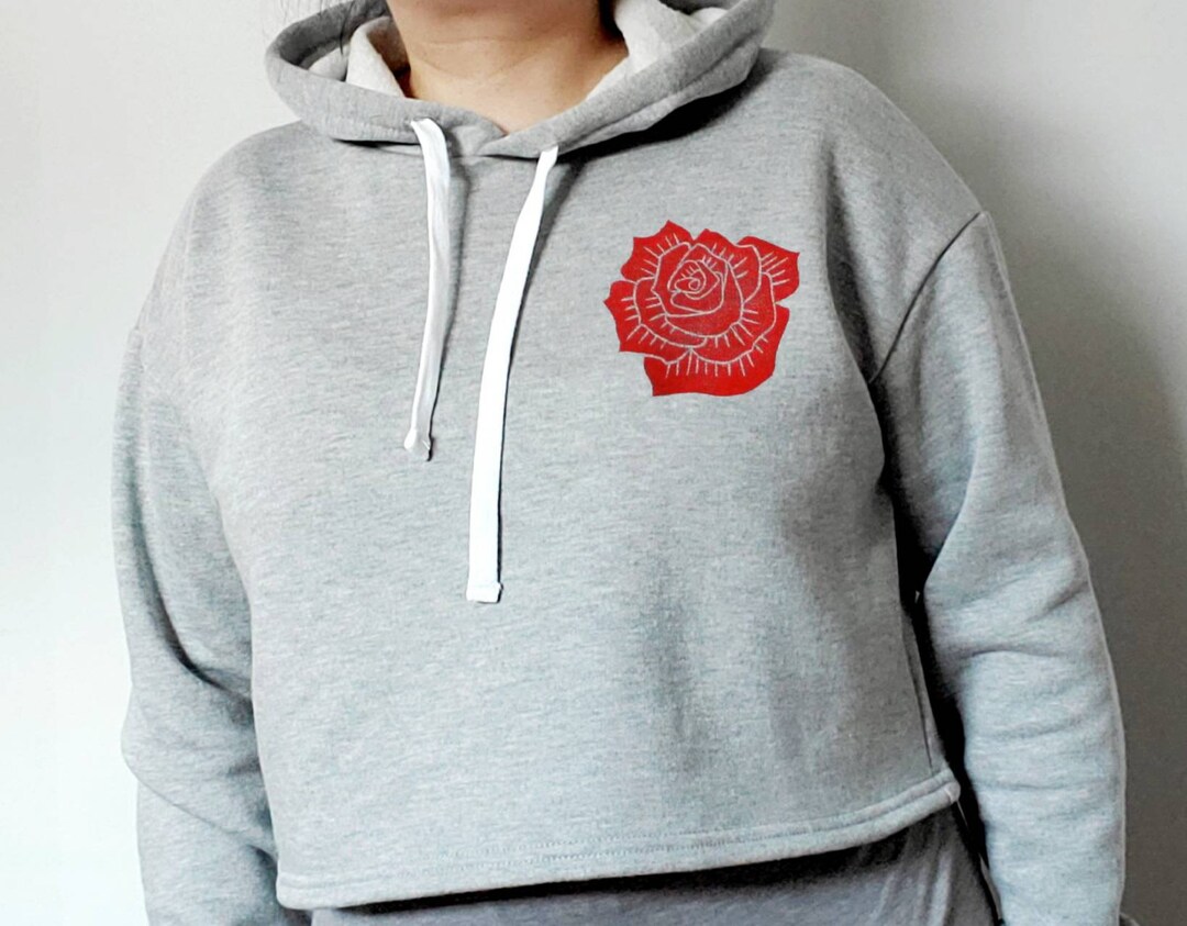 Ready to Ship Red Rose Cropped Hoodie: Hand-printed Bamboo Organic ...