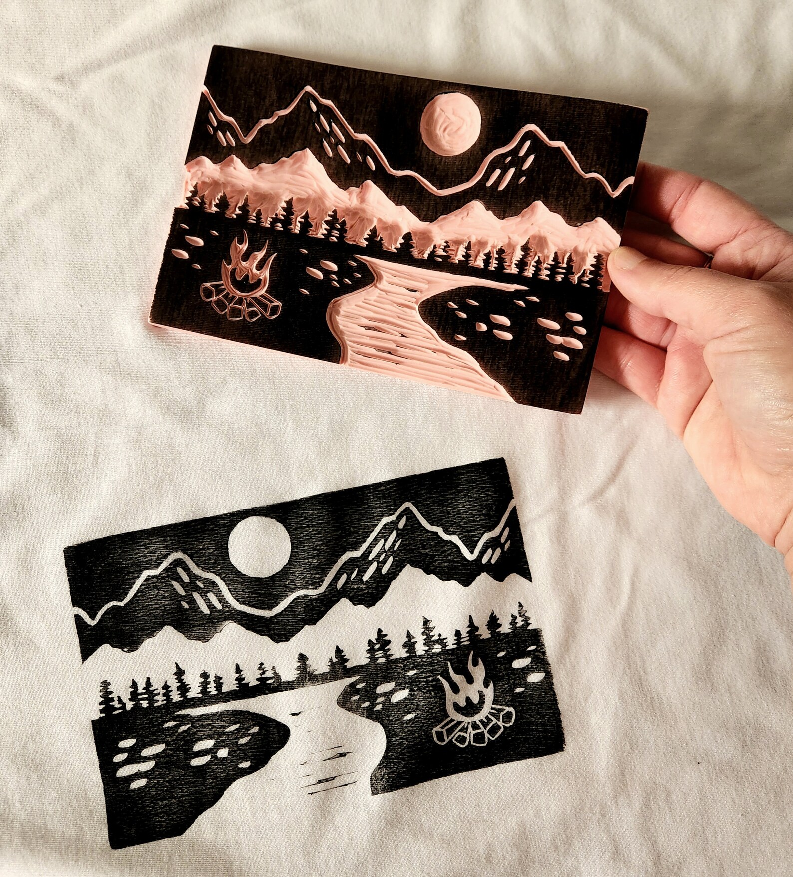 Hand Printed Campfire & Mountain T-shirt: Unisex Block Print Tee - Etsy