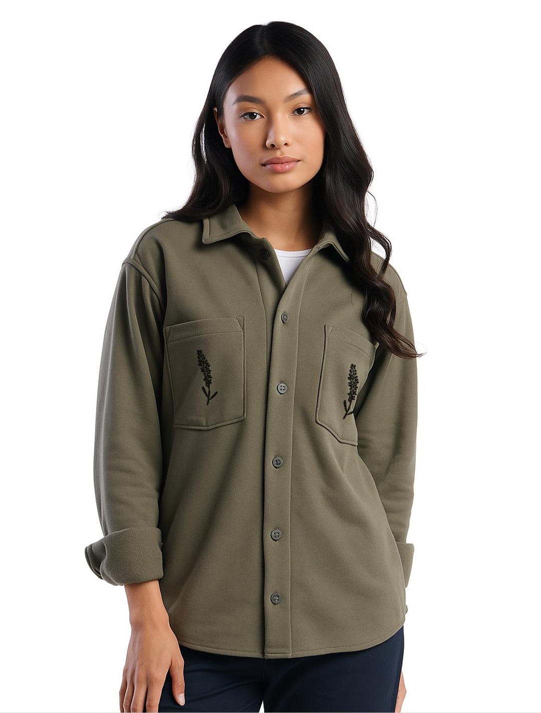 Organic Fleece Overshirt: Sage Green Shacket With Block Print Pocket - Etsy