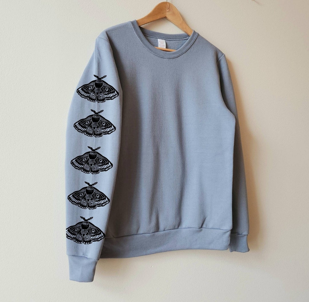 Moth Sleeve Print Sweatshirt: Hand-printed Unisex Crewneck, Ethical ...