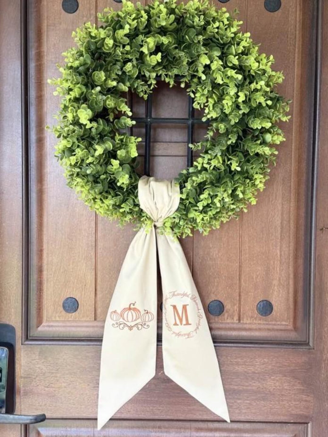 Monogrammed Thanksgiving Wreath Sash: Embroidered Pumpkins, Copper ...