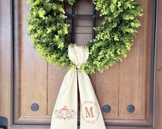 Monogrammed Thanksgiving Wreath Sash: Embroidered Pumpkins, Copper ...