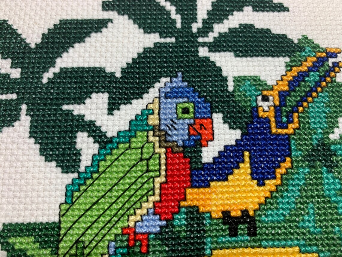 Cross stitch parrots in jungle scene | Etsy
