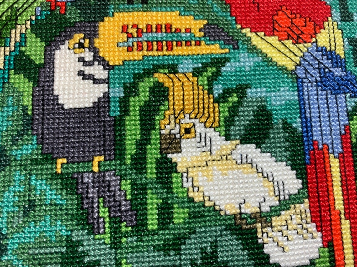 Cross stitch parrots in jungle scene | Etsy