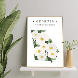 Georgia State Flower Wall Art, Georgia Map Print, Georgia Cherokee Rose ...