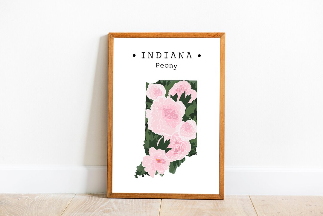 Indiana State Flower Wall Decor, Indiana Peony Wall Art, Indiana Map ...