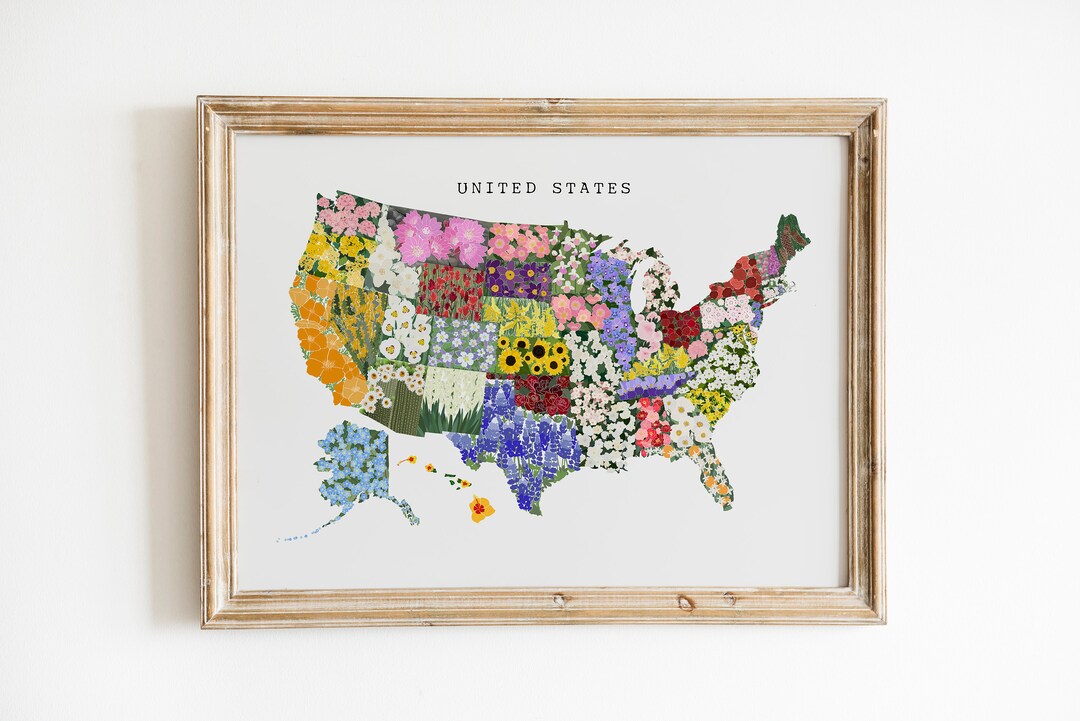 United States Flower Map, State Flower Art, America Map Wall Art ...