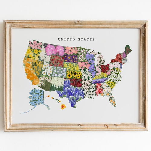 State Flower Map Print US State Flowers Art Print United - Etsy