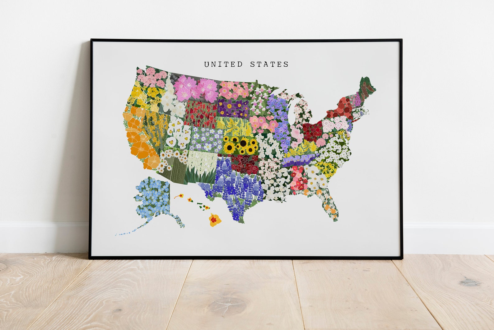 United States Flower Map, State Flower Art, America Map Wall Art ...