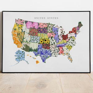 United States Flower Map, State Flower Art, America Map Wall Art ...