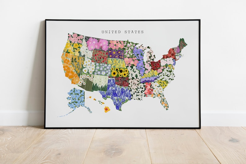 United States Flower Map, State Flower Art, America Map Wall Art ...