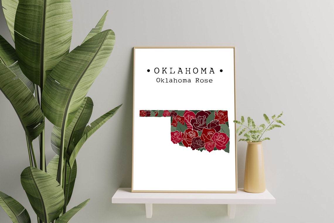 Oklahoma State Flower Wall Art, Oklahoma Rose Print, Oklahoma Map Art ...