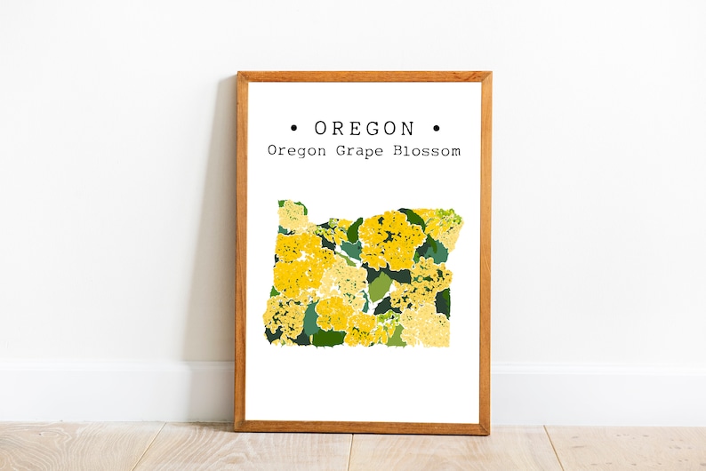 Oregon State Flower Print, Oregon Grape Blossom Art Print, Oregon Map ...