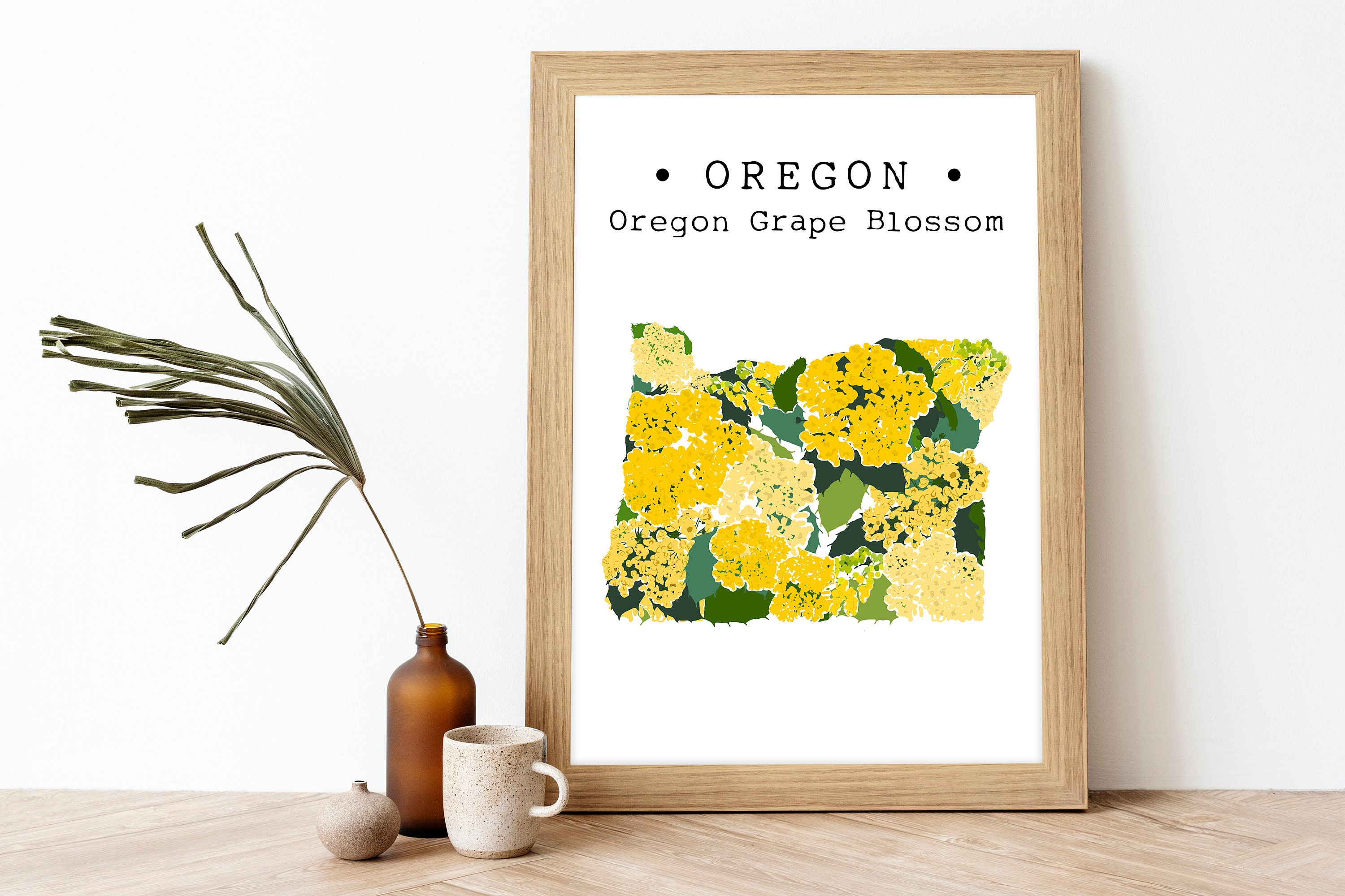 Oregon State Flower Print, Oregon Grape Blossom Art Print, Oregon Map ...