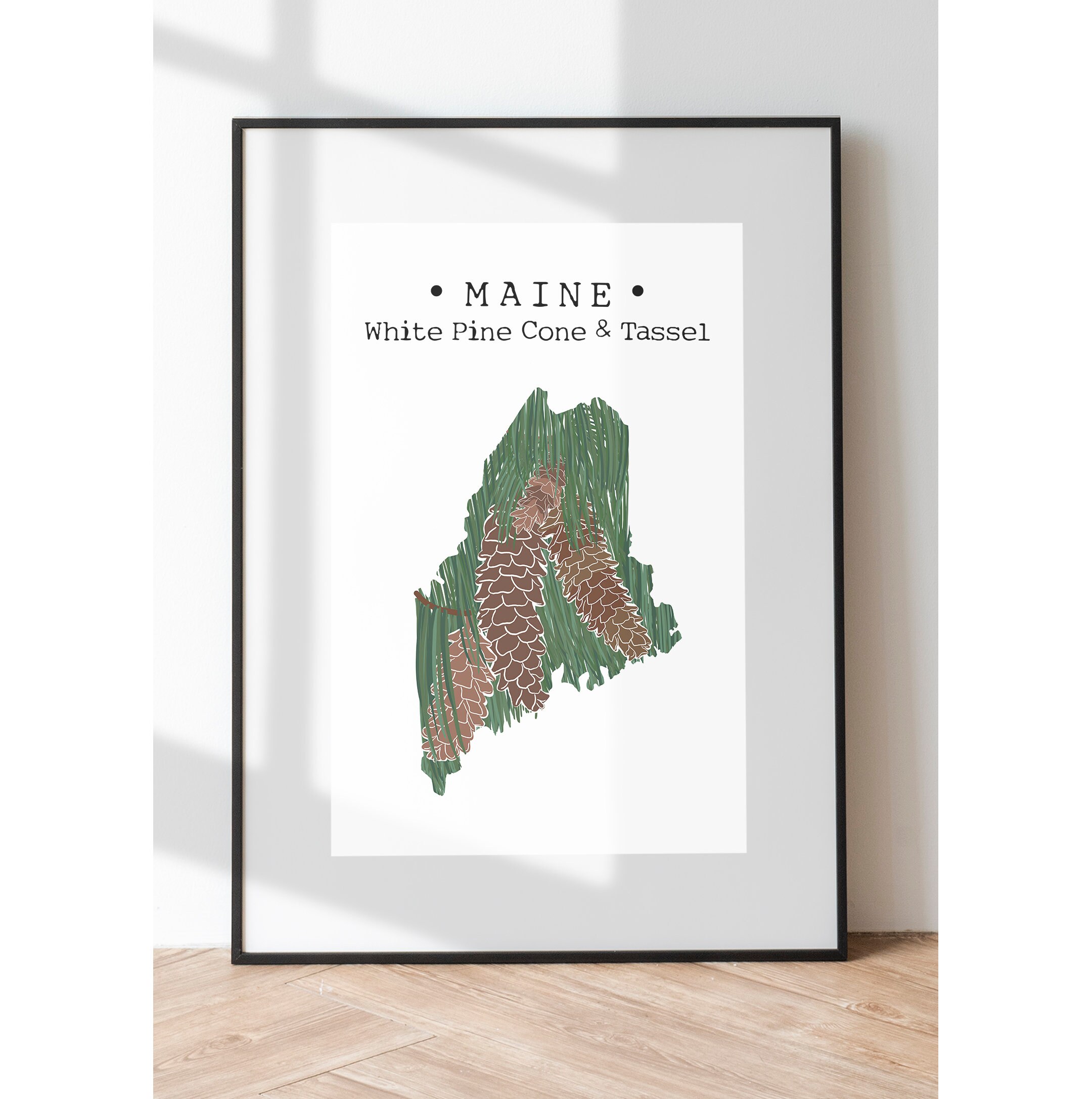 Maine State Flower Wall Art, White Pine Cone and Tassel Print, Maine ...