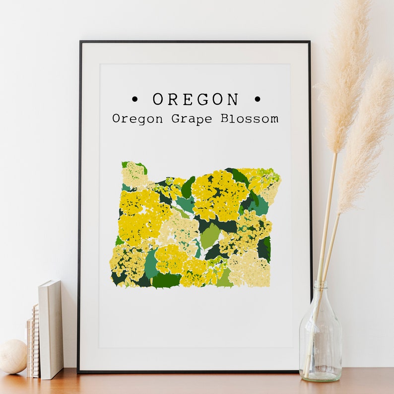Oregon State Flower Print, Oregon Grape Blossom Art Print, Oregon Map ...
