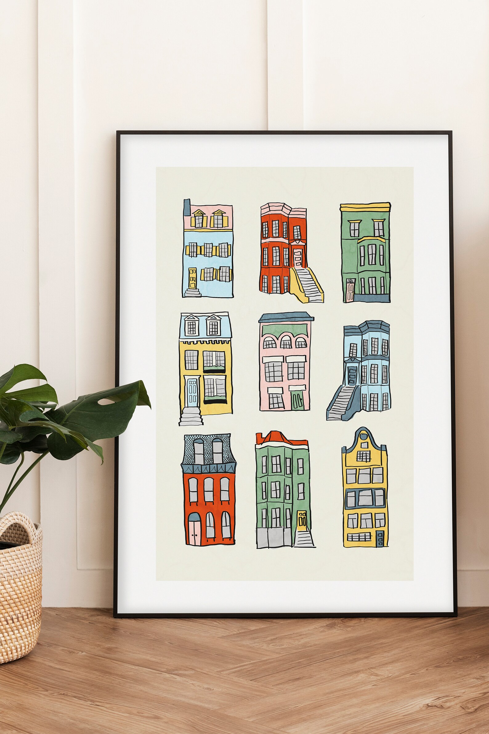 Row Houses Illustration Art Print, Colorful Homes in NYC, Modern Art ...