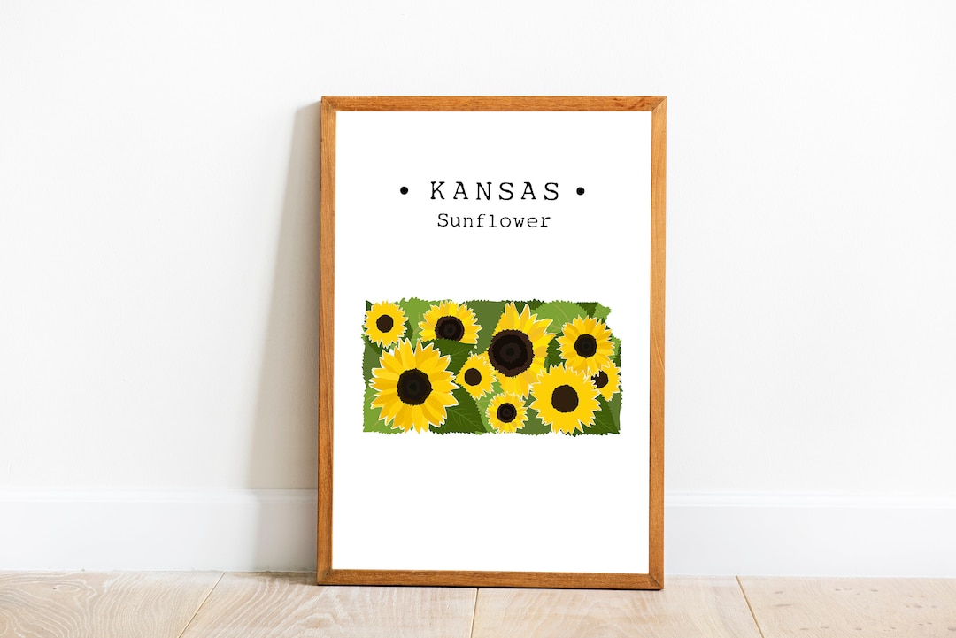 Kansas State Flower Wall Art, Kansas Sunflower Art Print, Kansas Map ...