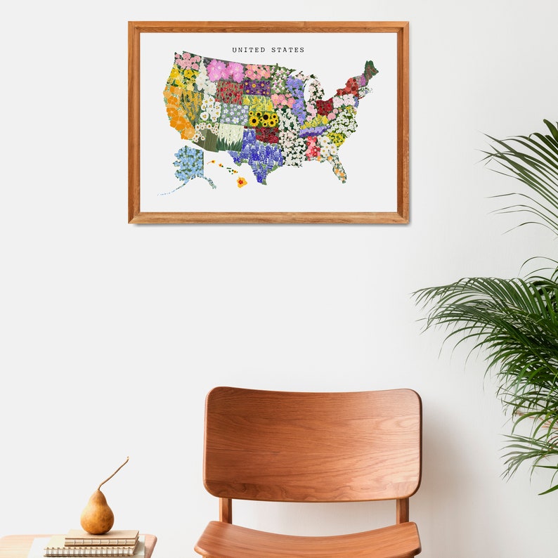 United States Flower Map, State Flower Art, America Map Wall Art ...