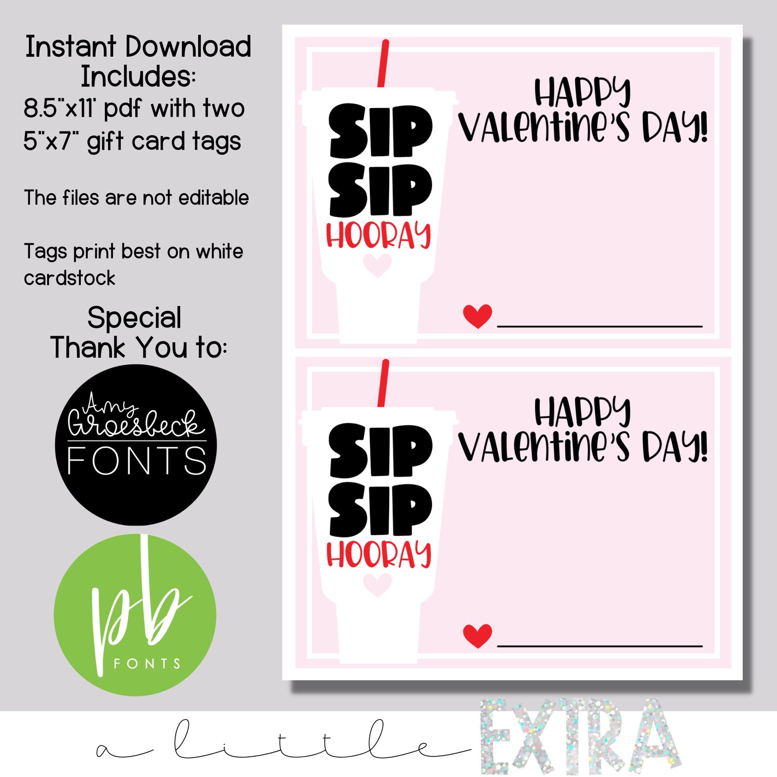 Sip Sip Hooray Valentine's Gift Card Tag Printable - Etsy