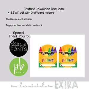 Bright School Year Crayon Gift Tag Gift Card Instant Download Printable ...