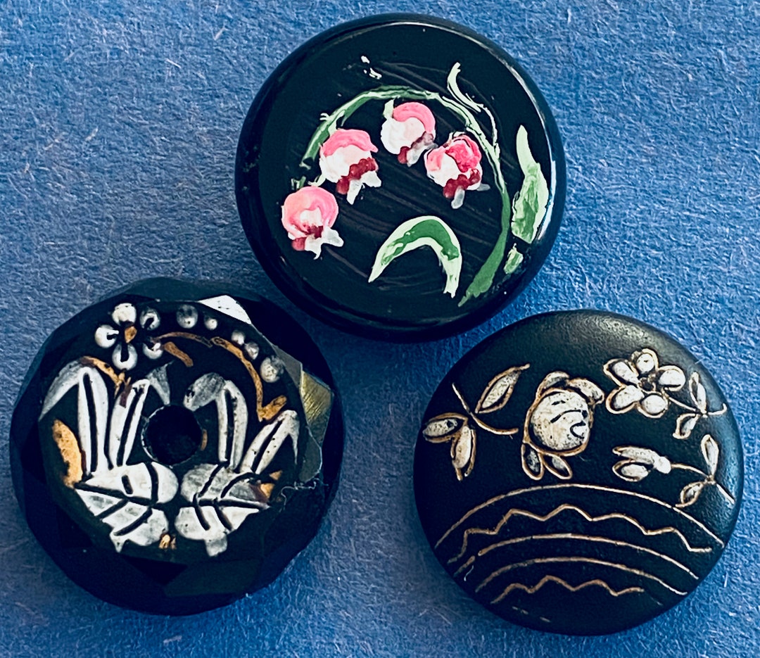 Trio VINTAGE Black GLASS FLORAL Buttons - Etsy