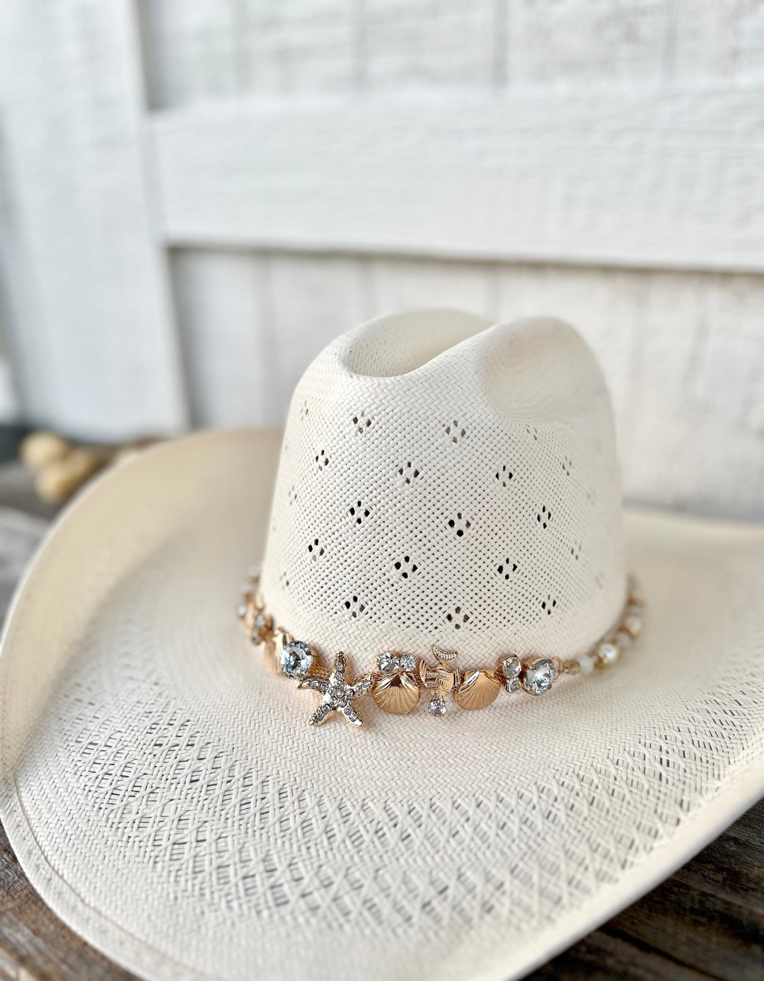 Coastal Rhinestone Western Hat Band | Handmade Beaded Gold Starfish and ...
