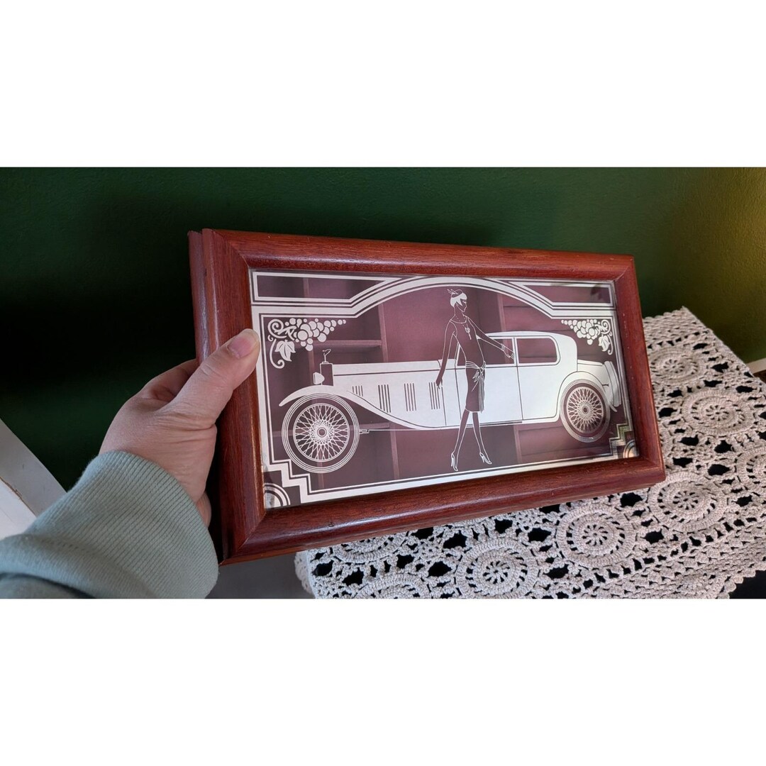 Vintage Wooden Velvet Jewelry Box Art Deco Flapper Car Glass Lid Silver ...