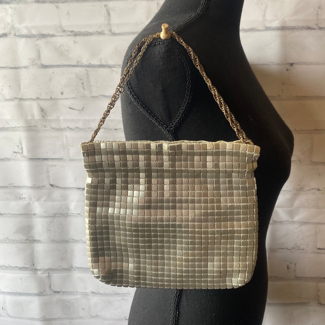 1970s 1980s Disco Ball Silver Square Evening Bag Purse Handbag Chain ...