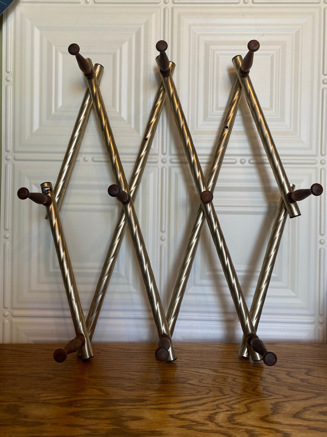 1970s 1980s 24K Gold Plated Wood Peg Accordion Hat Coat Rack, Extra ...