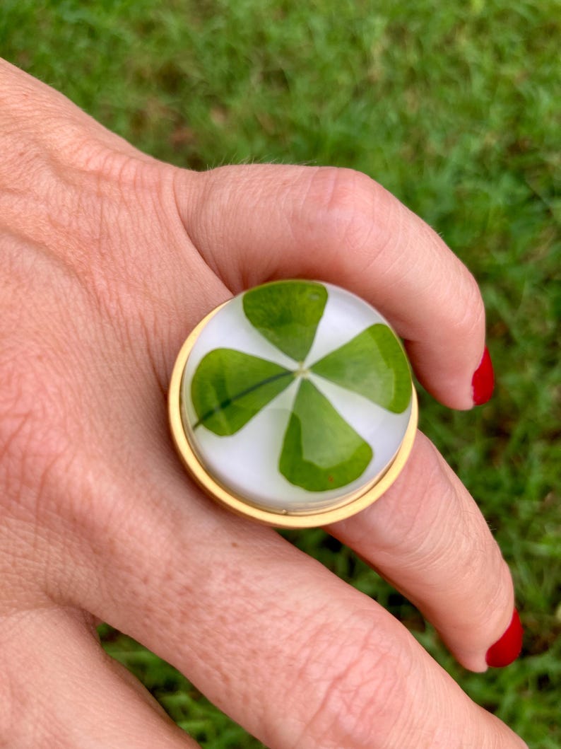 Real Four Leaf Clover Ring - Gold Stainless Steel Adjustable Band - Etsy
