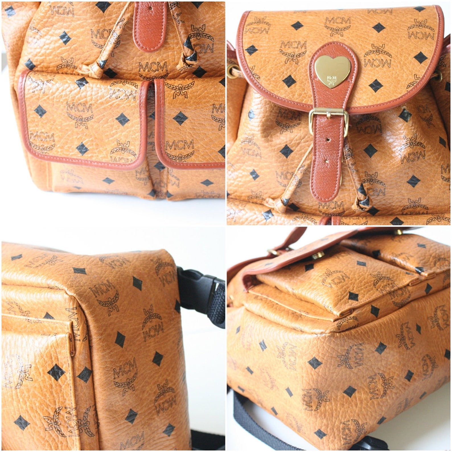 Authentic MCM Visetos Cognac Monogram Heart Plaque Backpack - Etsy