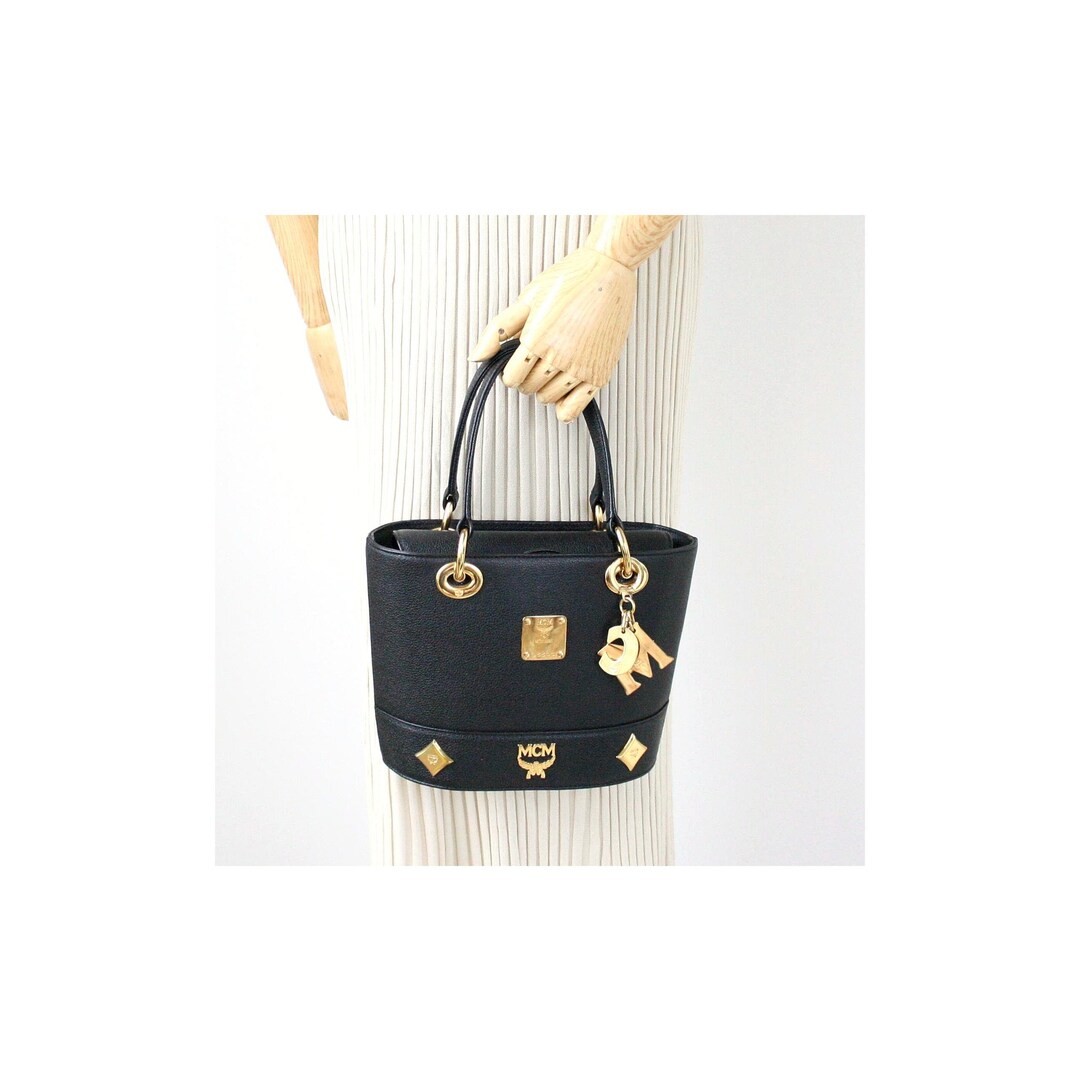 MCM Black Leather Mini Bucket Top Handle Bag With Keyring - Etsy