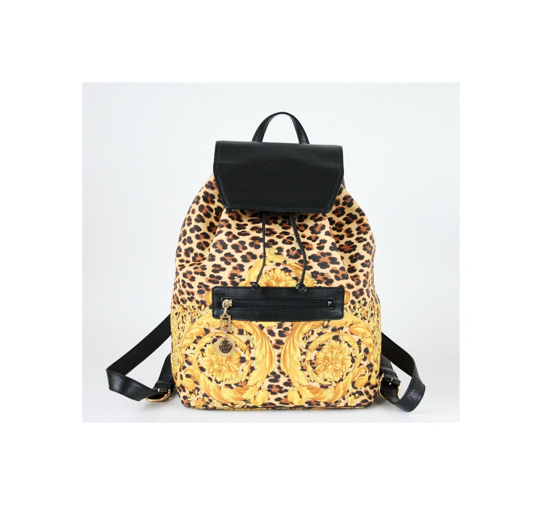 VERIFIED Gianni Versace Baroque Gold Black Canvas Leather Backpack - Etsy