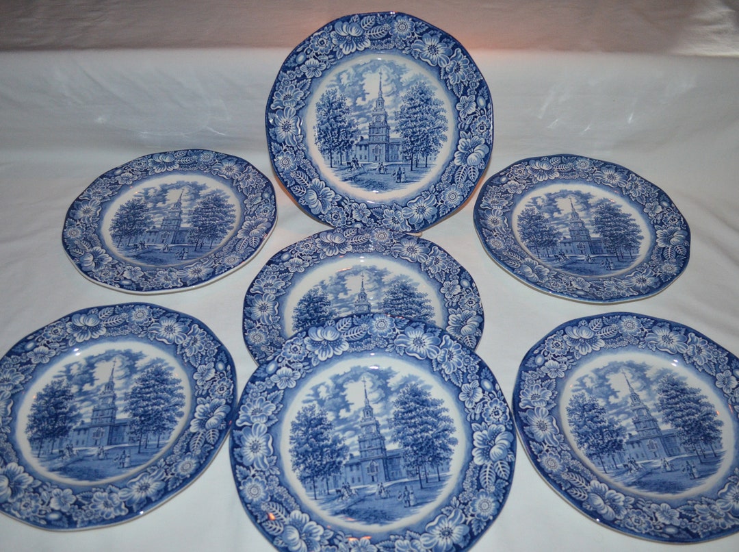 Liberty Blue - SET of 7 - Dinner 10" Plates - Independence Hall ...
