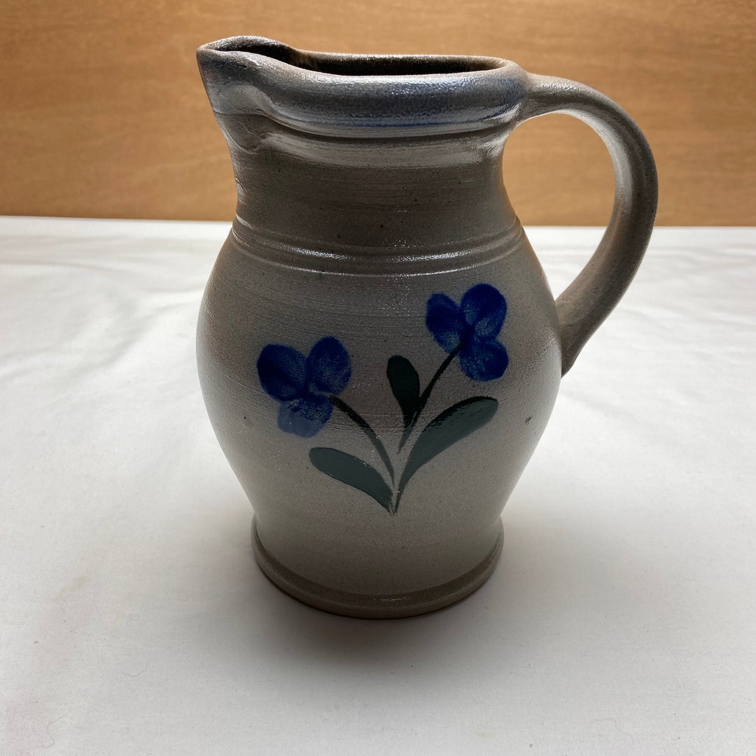 Rowe Pottery 7.25" Pitcher With Handle Blue Green Flower Pattern 2001 ...