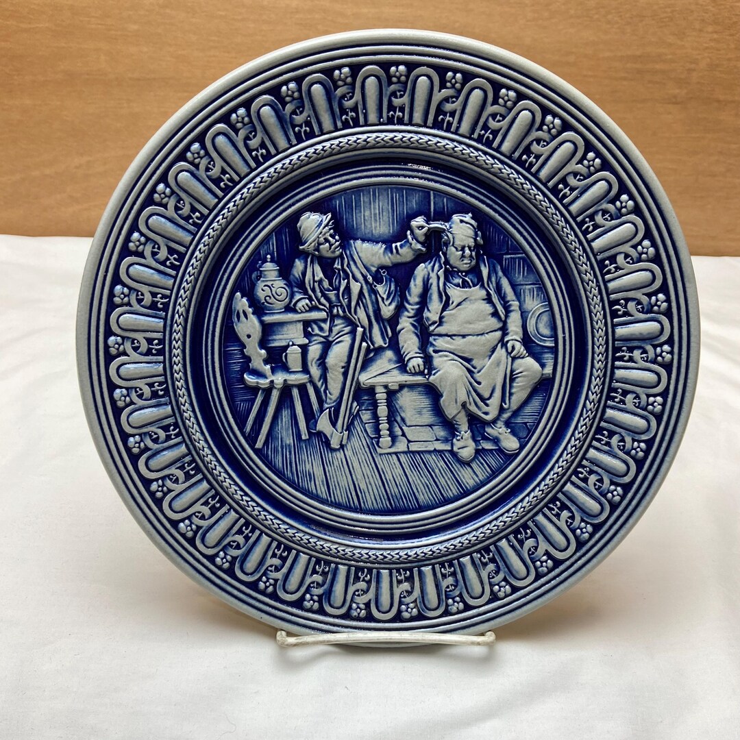 Gerz Cobalt Blue Stoneware Plate 10" Diameter Pub Scene West Germany ...