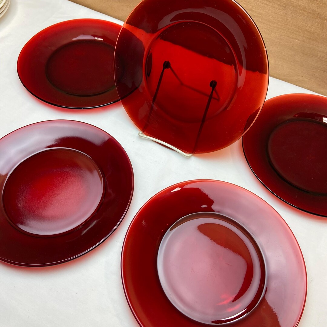 Ruby Red Glass Plates 9 1/8" Diameter SET of 5 Wide Rim Edge - Dinner ...