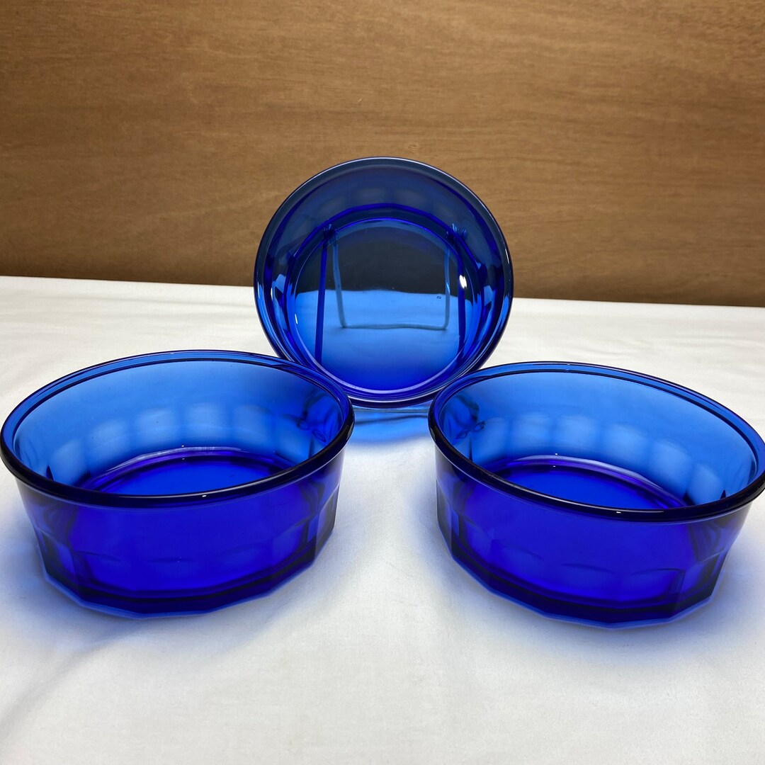 SET of 3 Arcoroc France Cobalt Blue Panel Thumbprint Glass Serving ...
