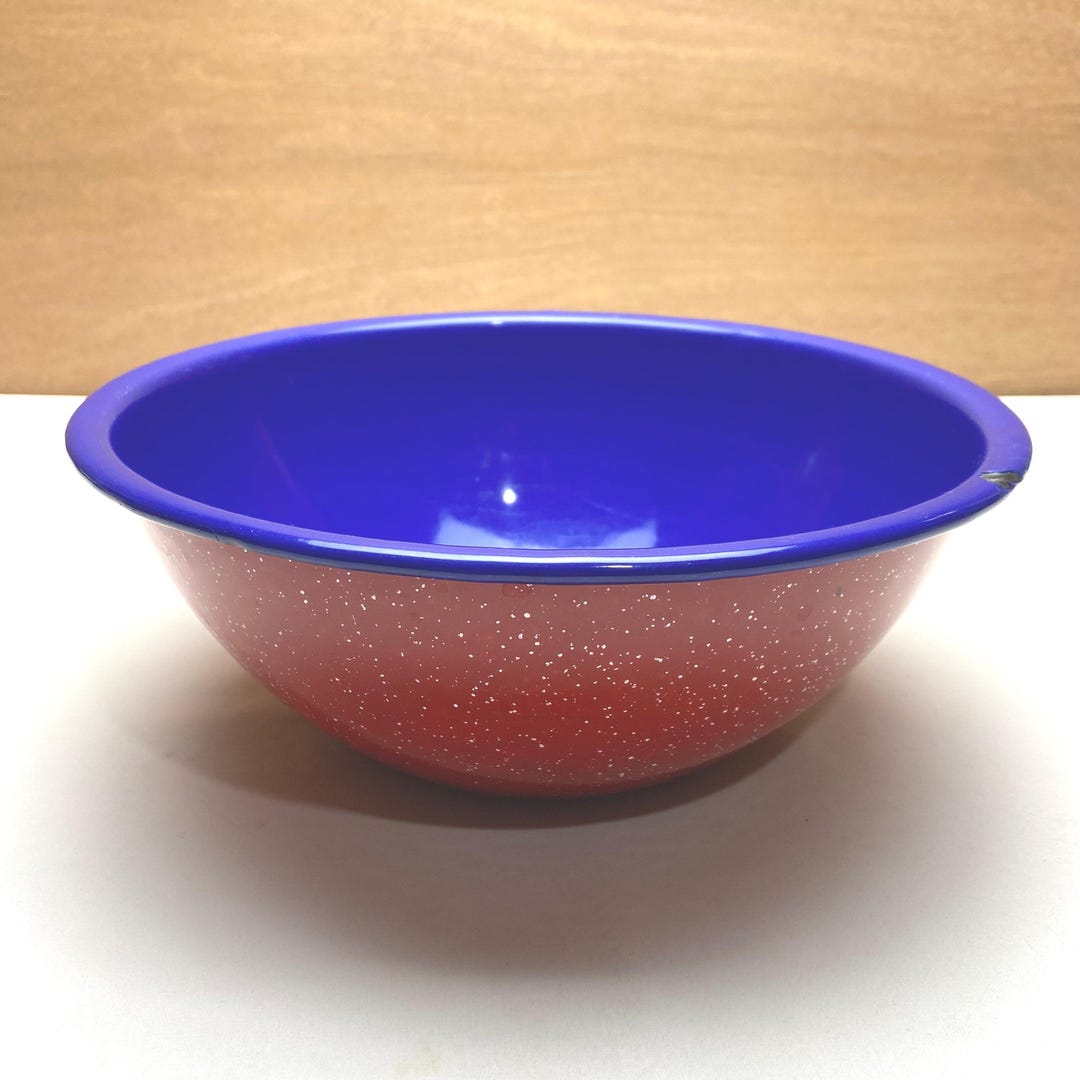 TWO Color Enamel Serving Bowl 10.25” Solid Dark Blue Inside and Red ...